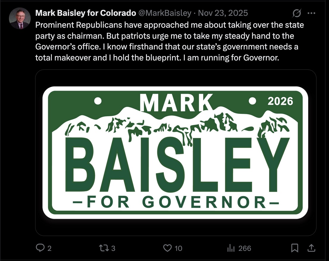 Baisley Drops Out of GOP Primary for CO Gov, Switches to U.S. Senate